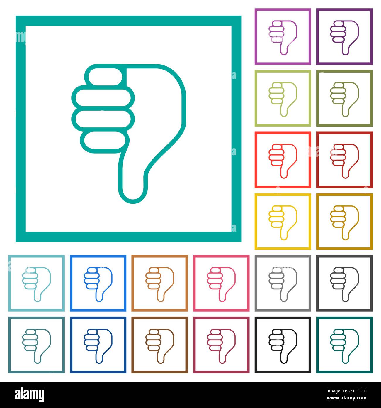 Right handed thumbs down outline flat color icons with quadrant frames ...