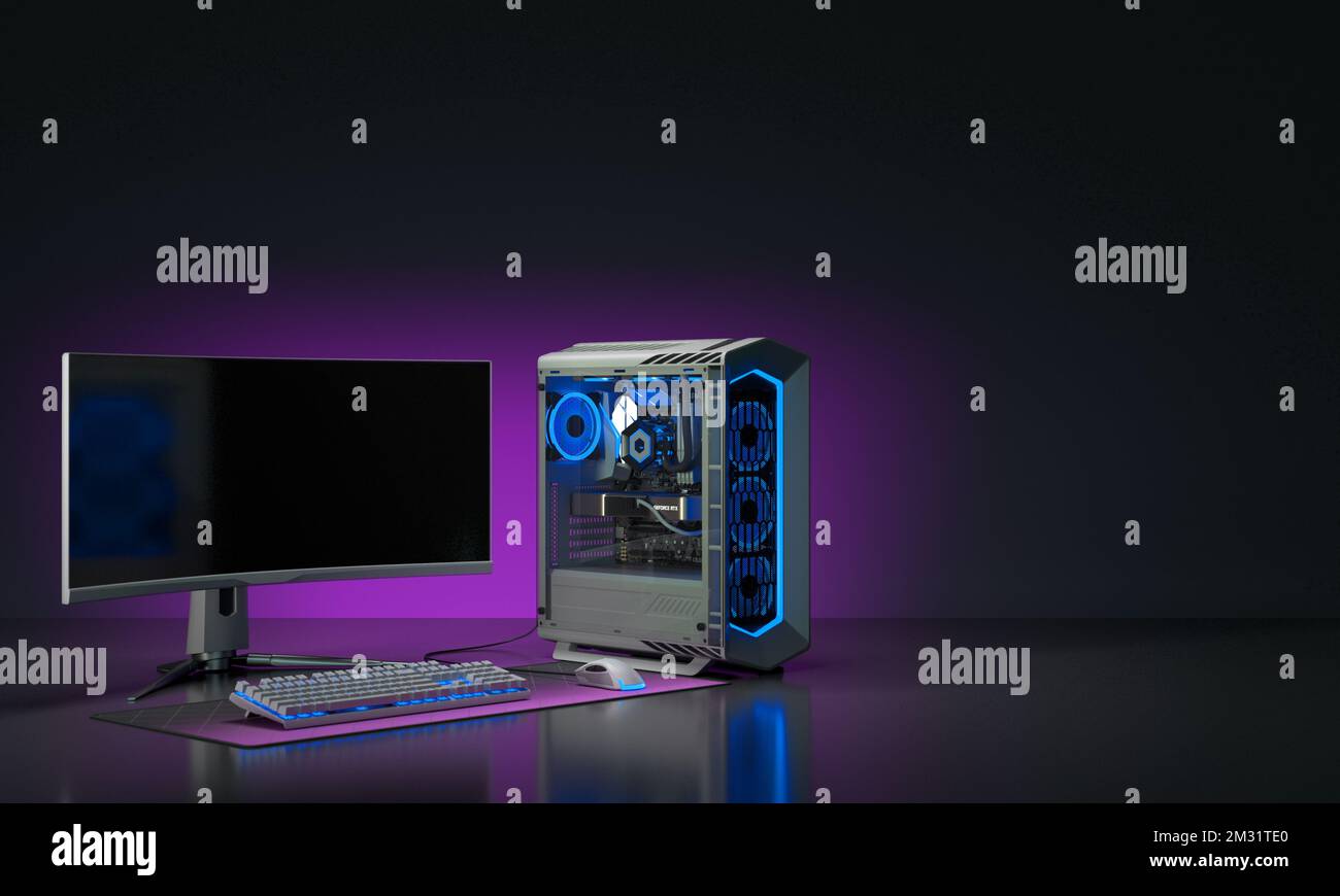 Computer Gaming PC on desk in dark room with neon light Futuristic ...