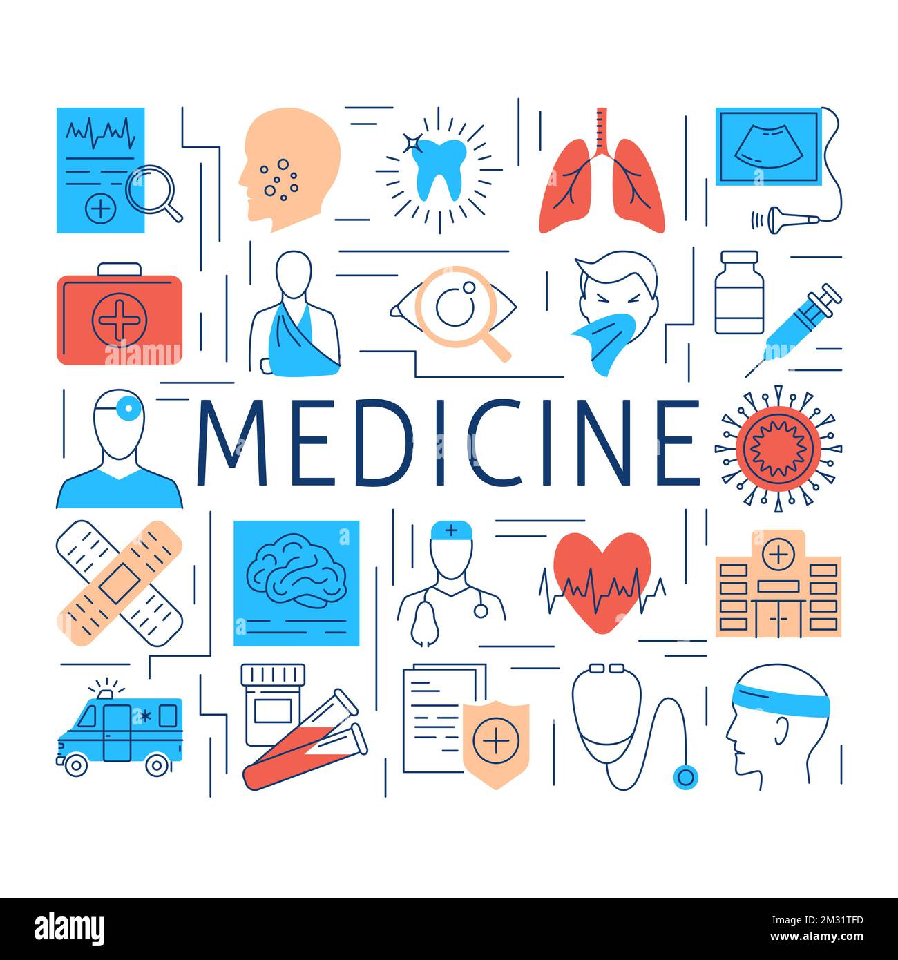 Medicine round poster in line style. Medical and healthcare symbols ...