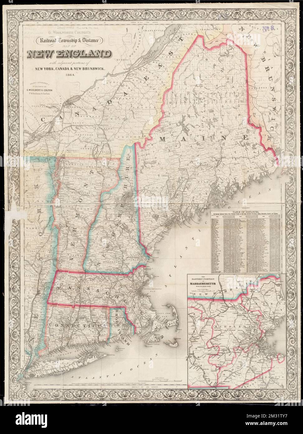 G. Woolworth Colton's railroad, township & distance map of New England ...