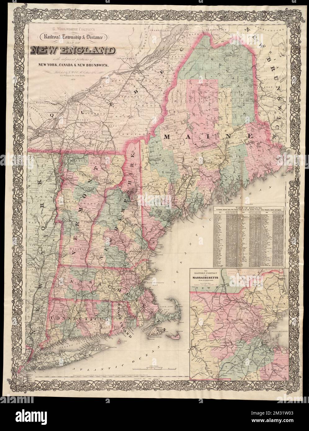 G. Woolworth Colton's railroad, township & distance map of New England ...
