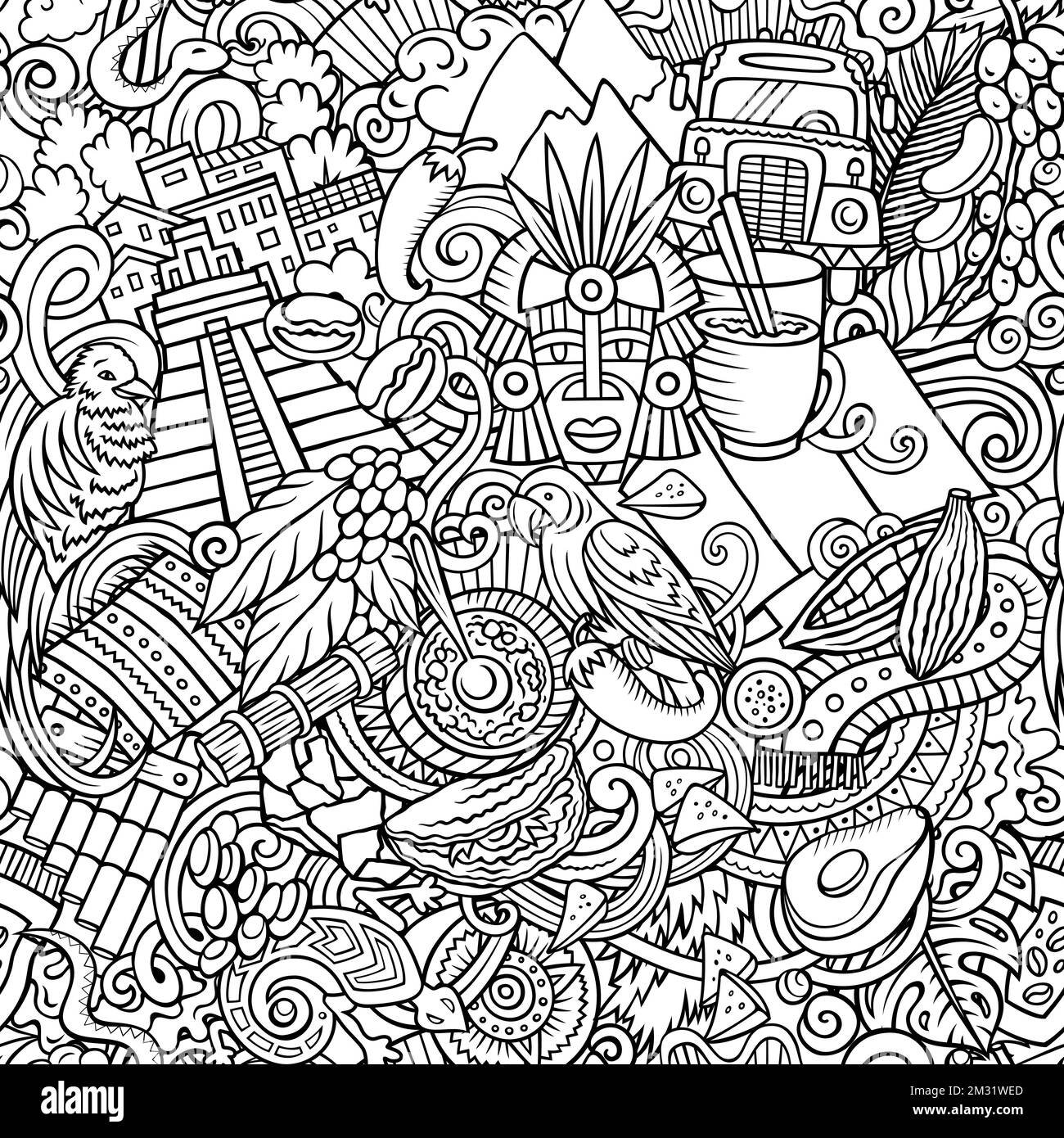 Cartoon doodles Guatemala seamless pattern. Backdrop with local Central ...