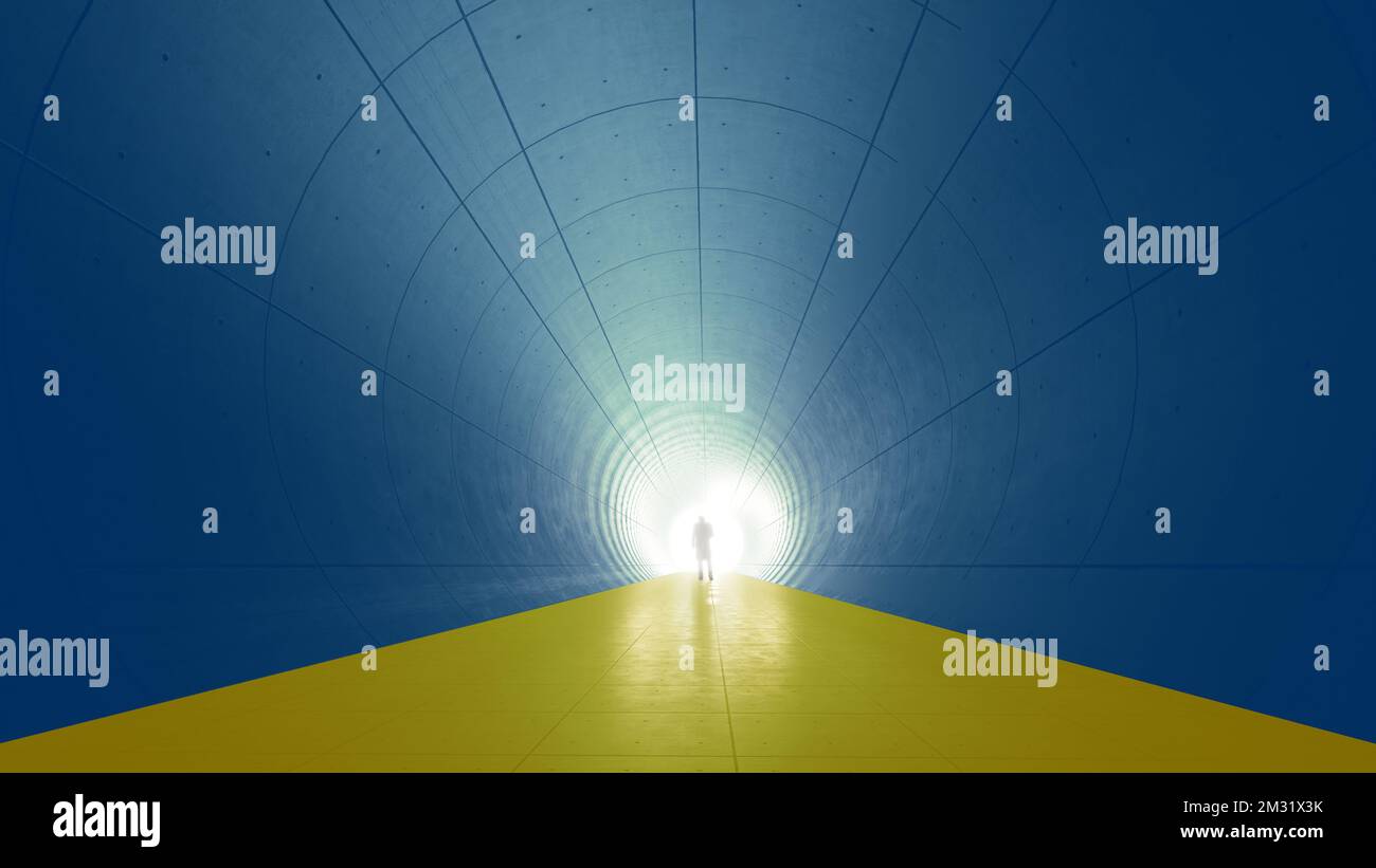 Concept or conceptual blue and yellow tunnel, the Ukrainian flag colors ...