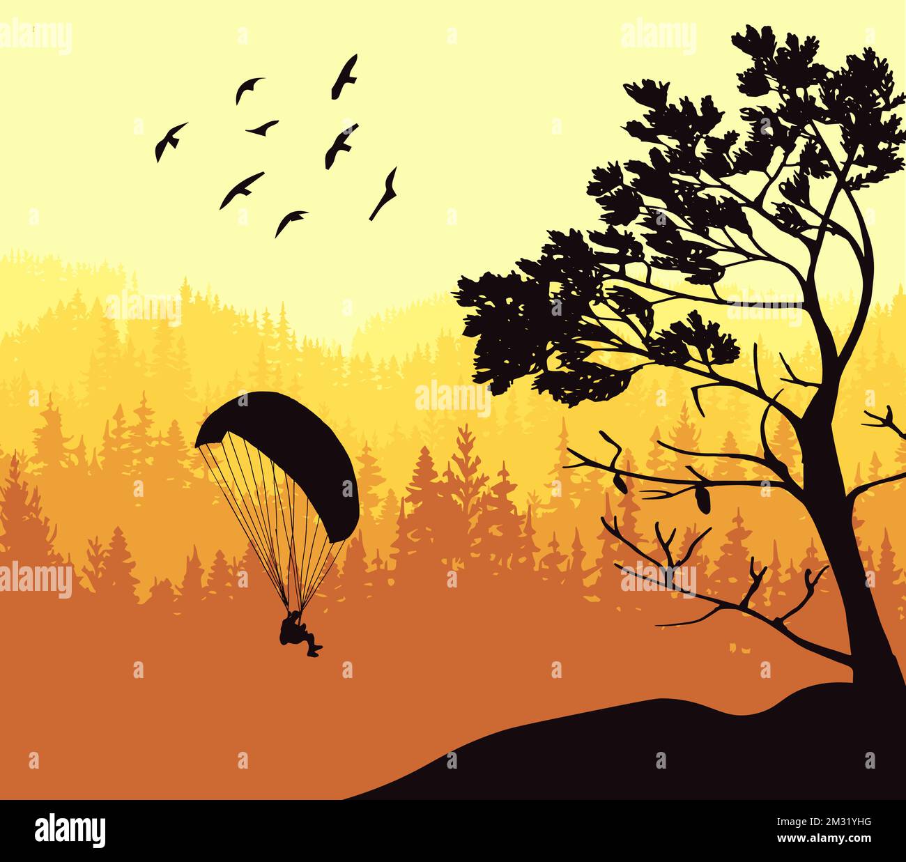 Magical misty landscape with paraglider and birds. Silhouettes of trees ...