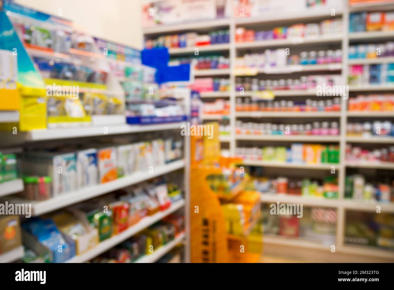 Pharmacy drug store interior blurred background with medicine on ...