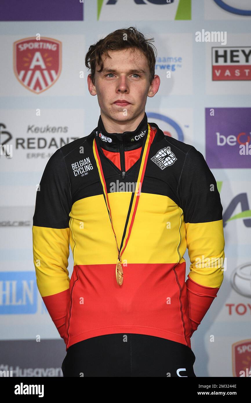 Belgian Aaron Dockx , winner of the gold medal pictured on the podium ...