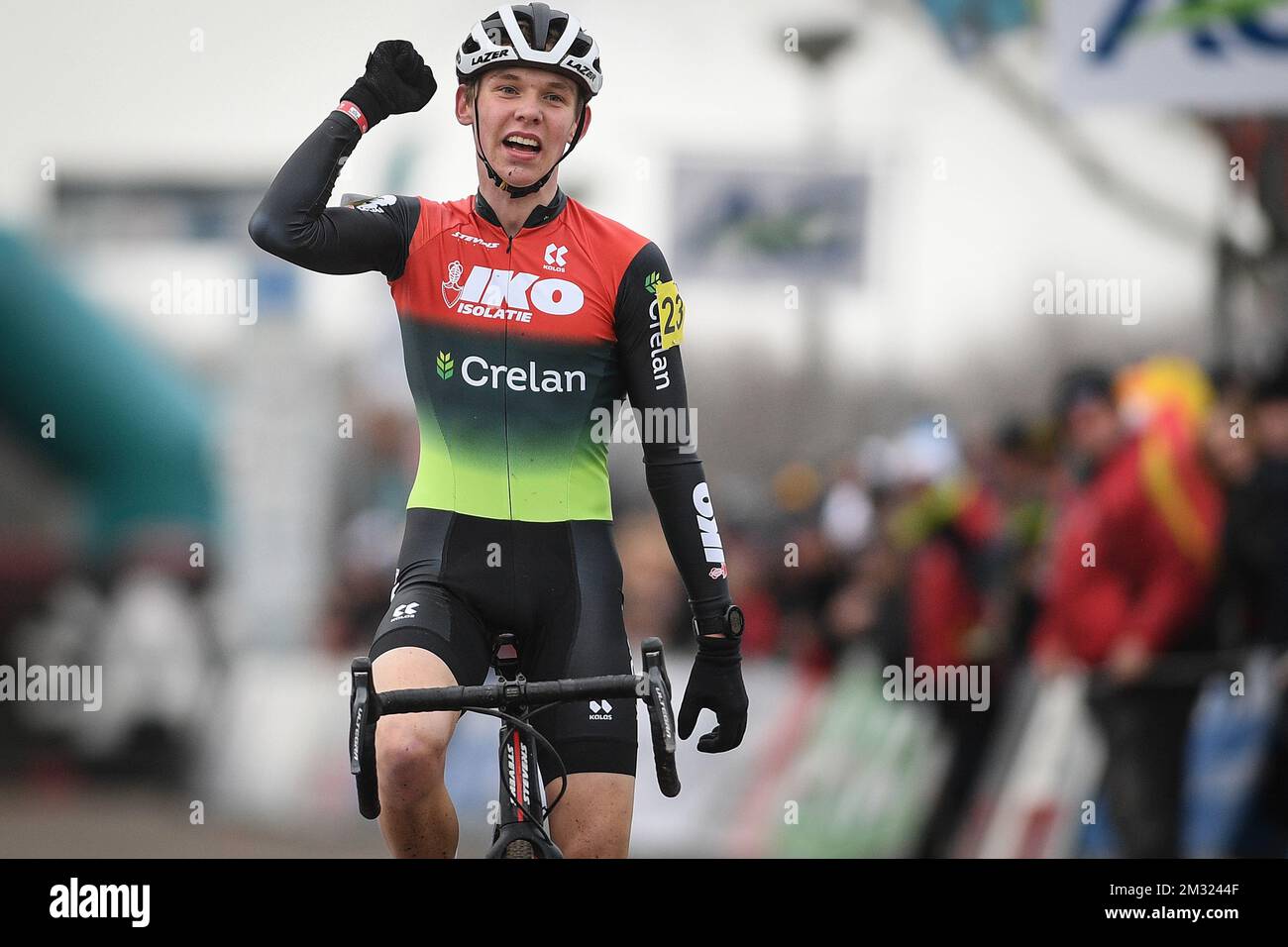 Belgian Aaron Dockx celebrates as he crosses the finish line to win the ...