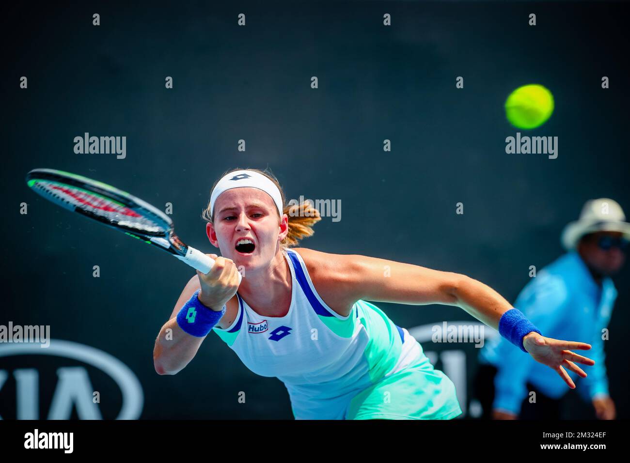 Belgian Greet Minnen plays a forehand at the first round of the Men's ...