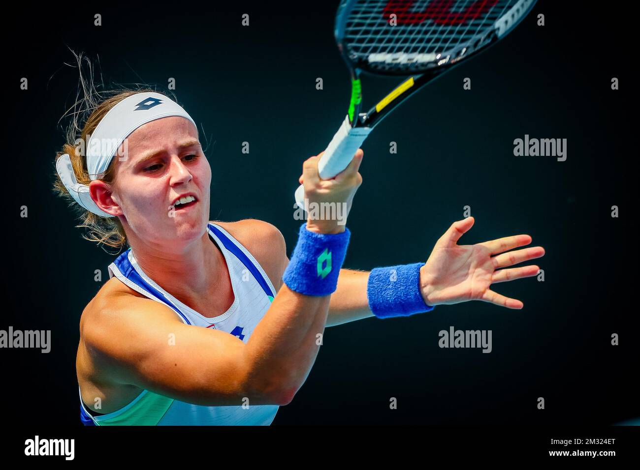 Belgian Greet Minnen plays a forehand at a first round of the Women's ...