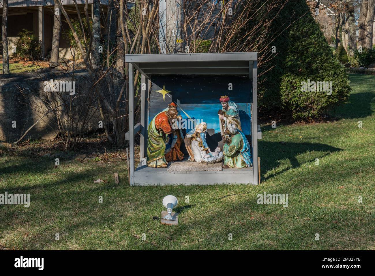 Vintage statues of Mary, Joseph, baby Jesus and the three wise man in a ...