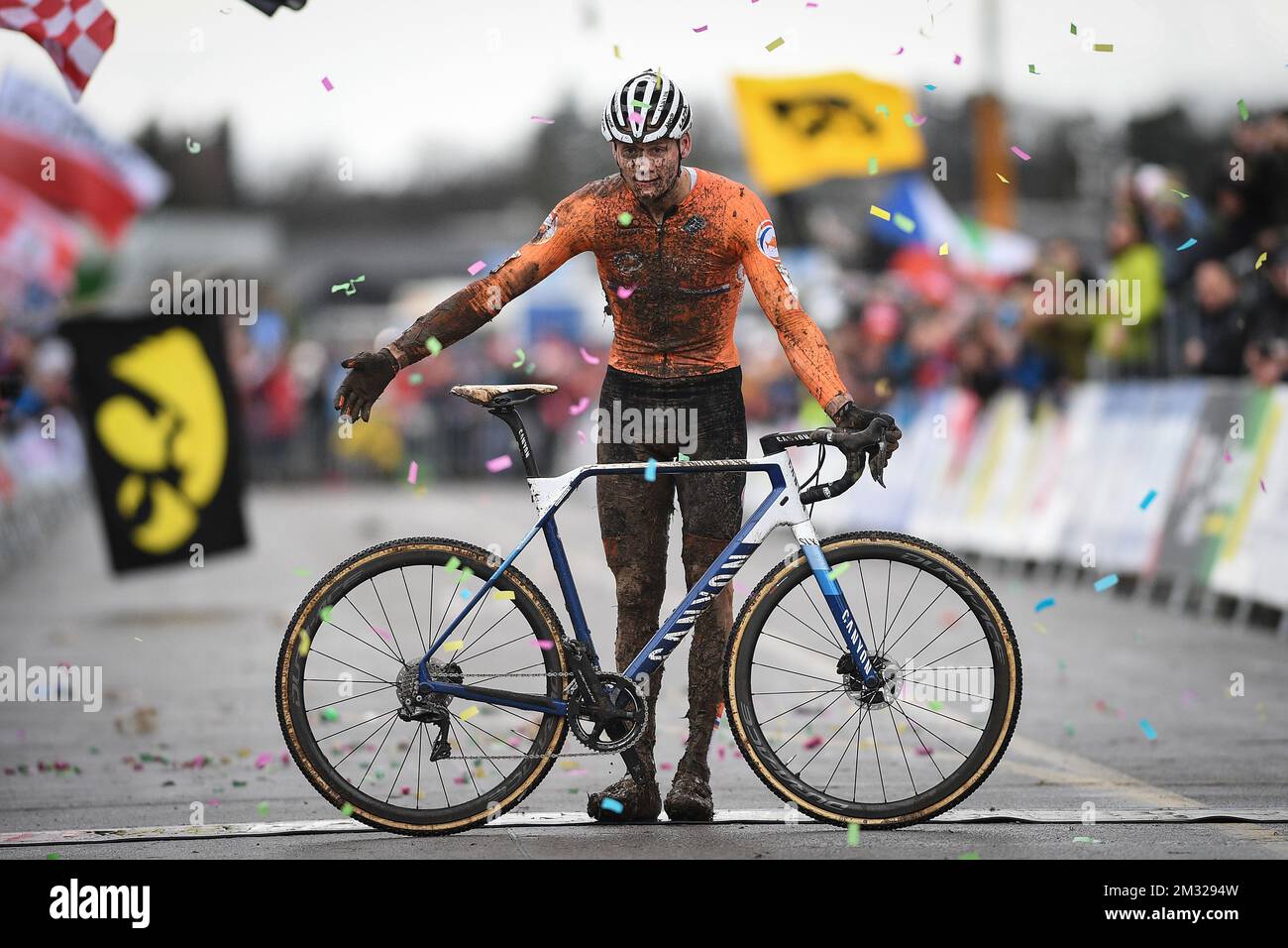 Dutch Mathieu Van Der Poel celebrates as he crosses the finish line to ...