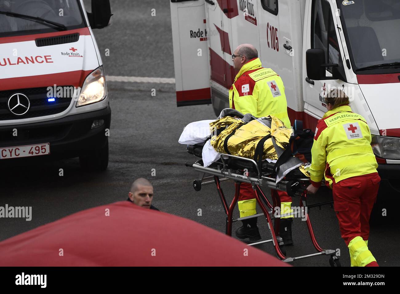 Illustration shows the evacuation of an injured victim on the site of ...