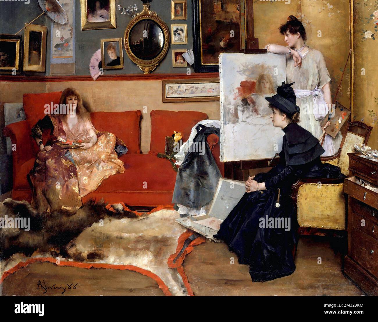 In the Studio by the Belgian artist, Alfred Stevens (1823-1906), oil on ...