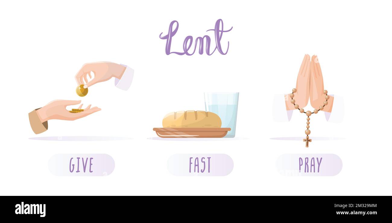 Lent season concepts set. Almsgiving, fasting and prayer. Vector ...