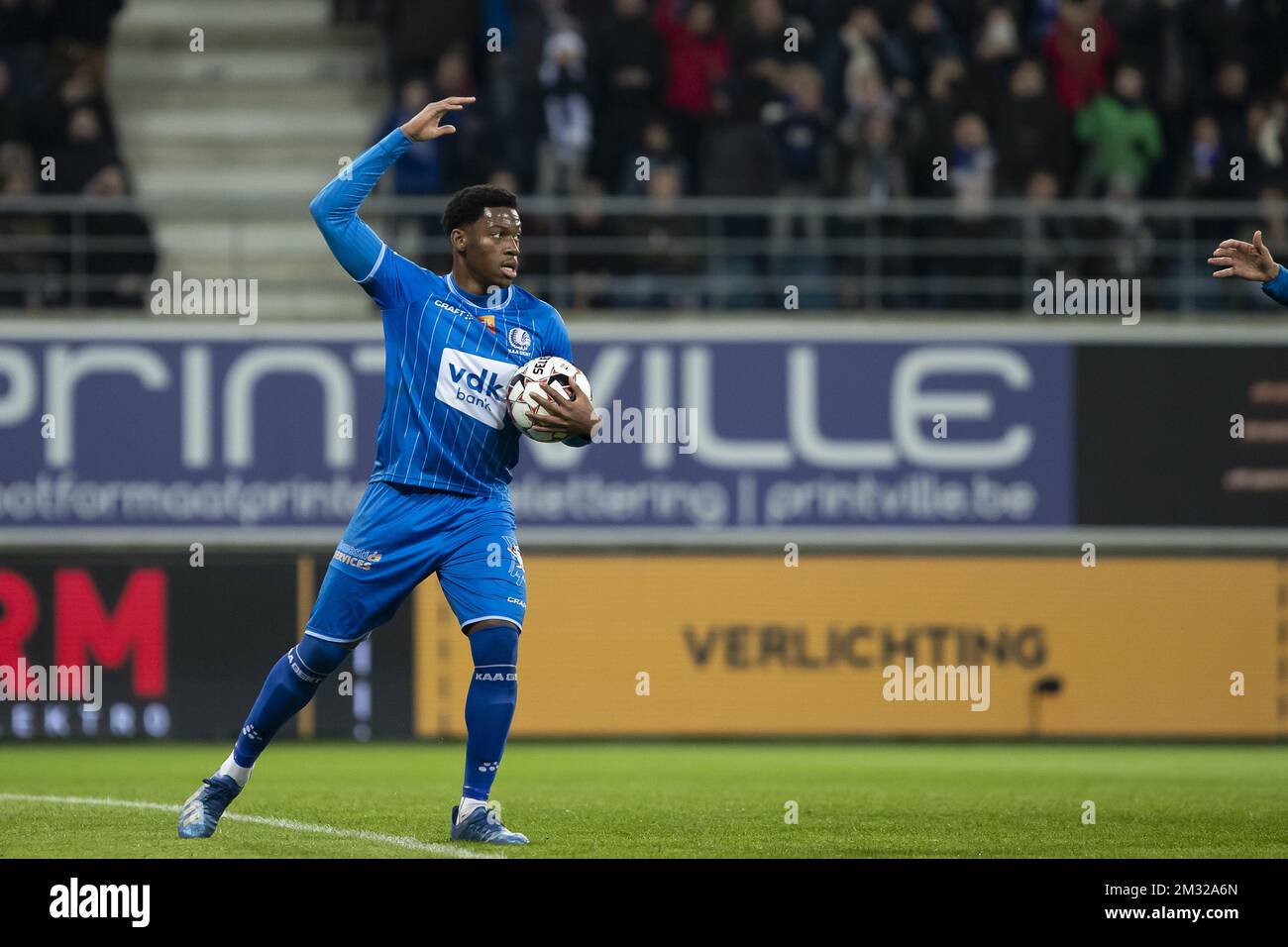 Gent's Jonathan David celebrates after scoring during a soccer match ...