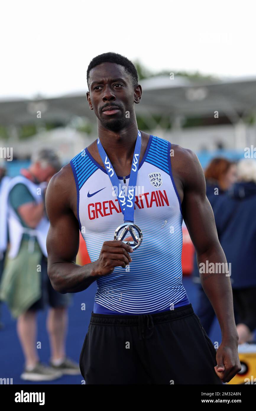 Reece Prescod with his medal after the 100m final at the Müller UK ...