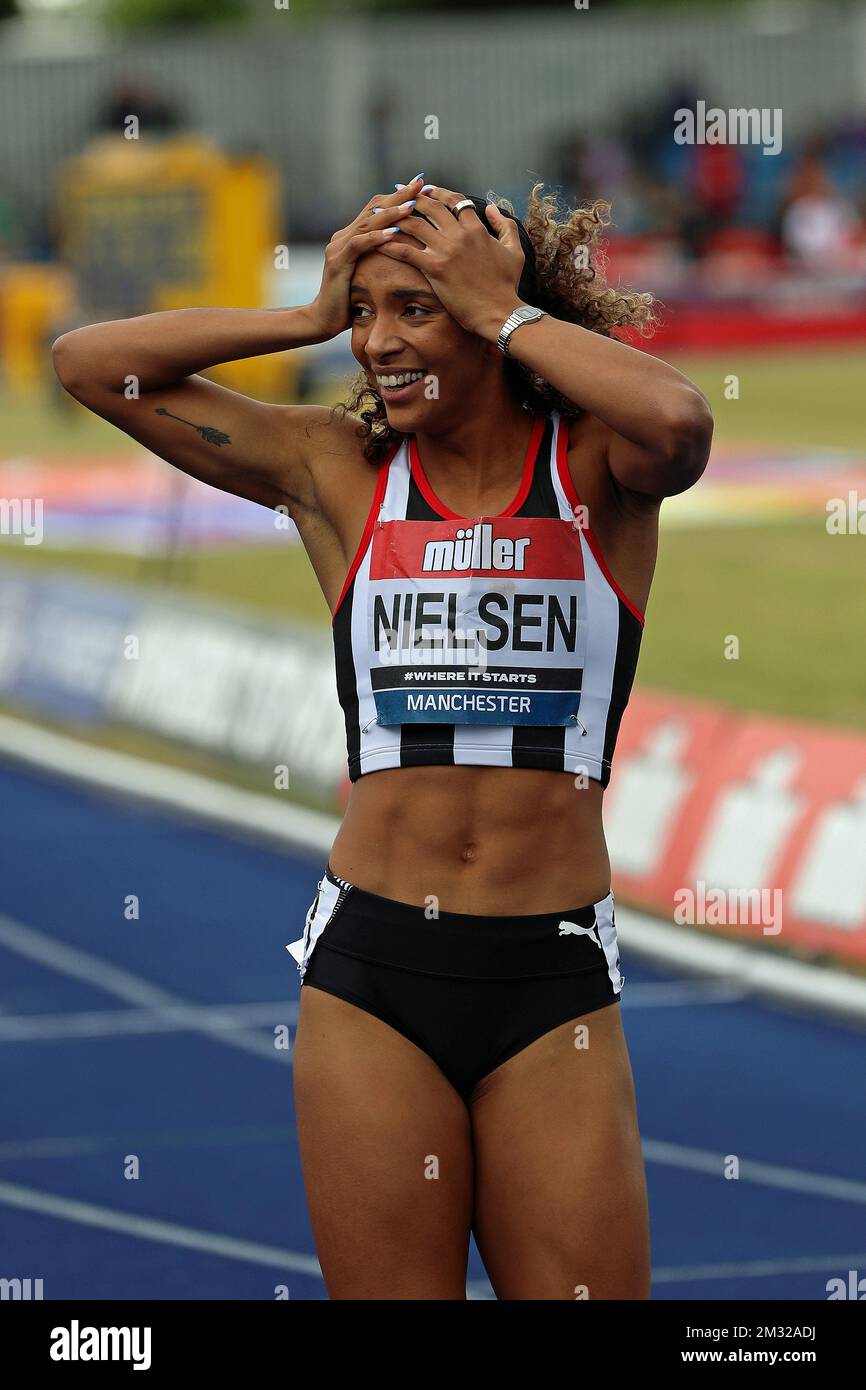 Lina Nielsen smiling after finishing second in the 400m Hurdles at the Müller UK Athletics ...