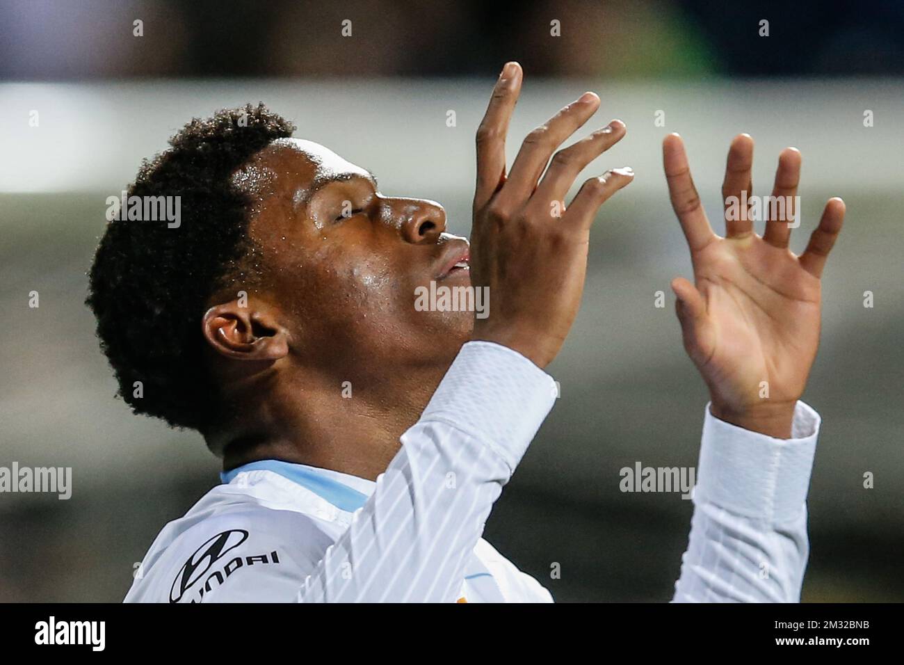 Gent's Jonathan David celebrates after scoring during a soccer match ...