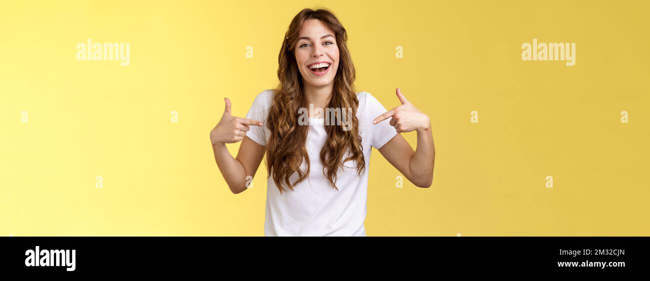 Haha awesome. Positive sincere attractive young woman curly long hair ...