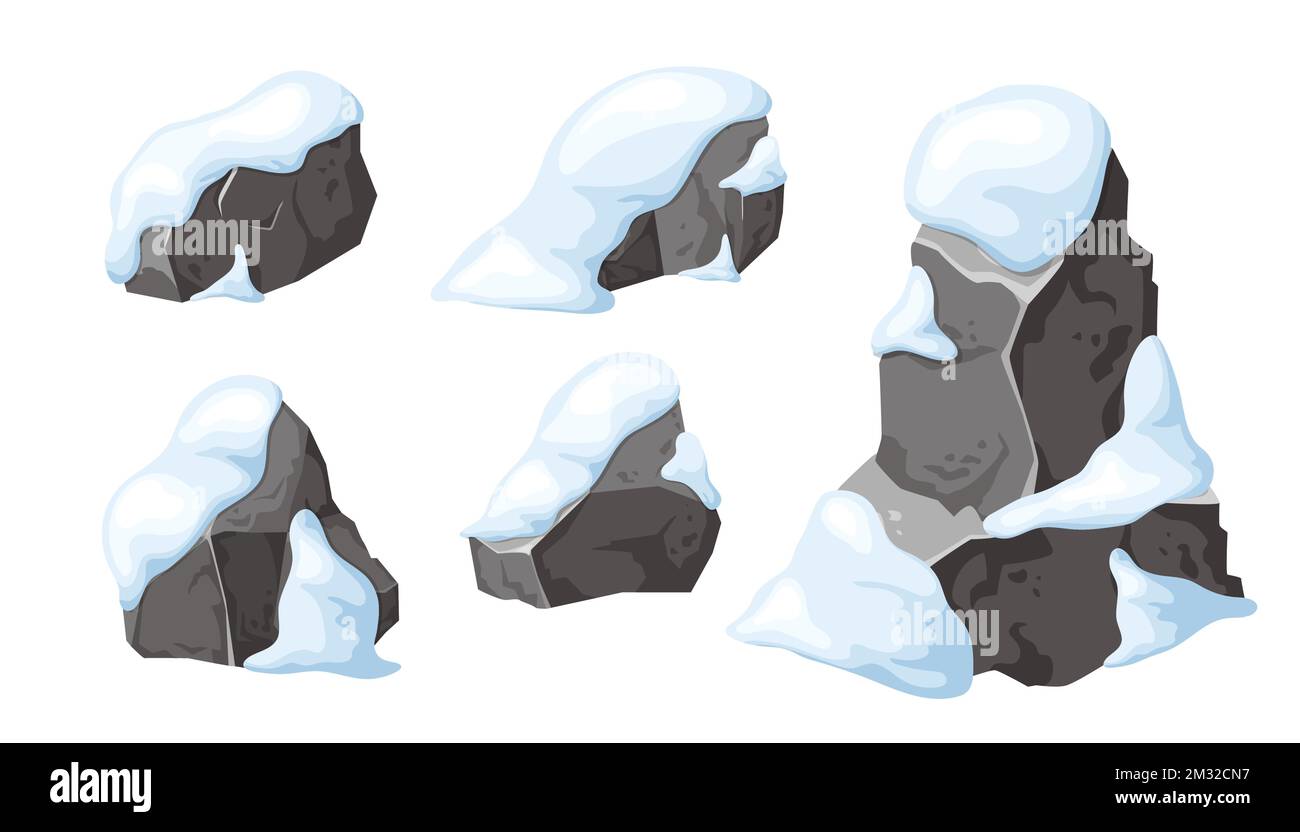 Set of stone and rock in snow. Snowy mountains in cartoon, heap of ...