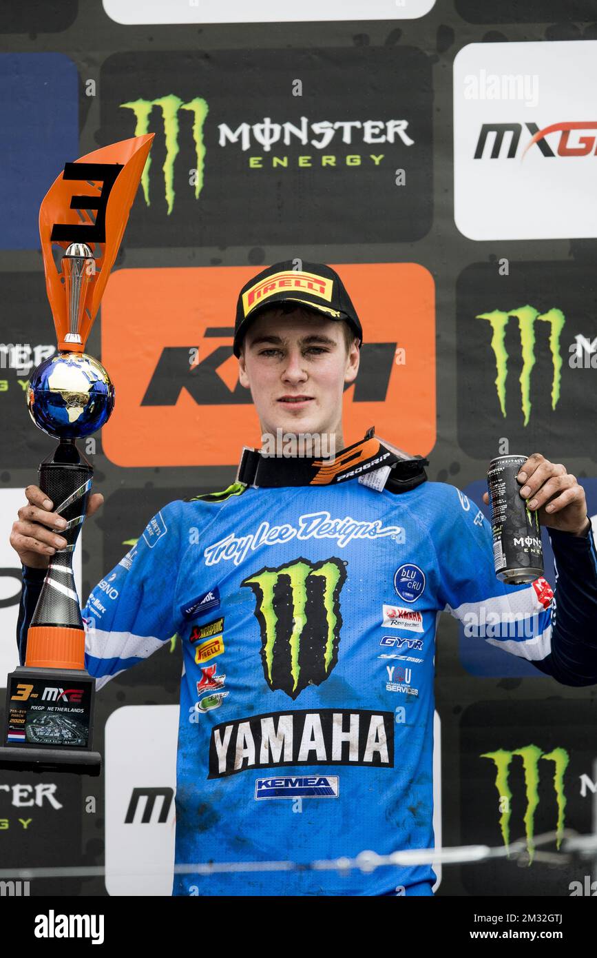 Belgian Jago Geerts celebrate on the podium after the motocross MX2 ...