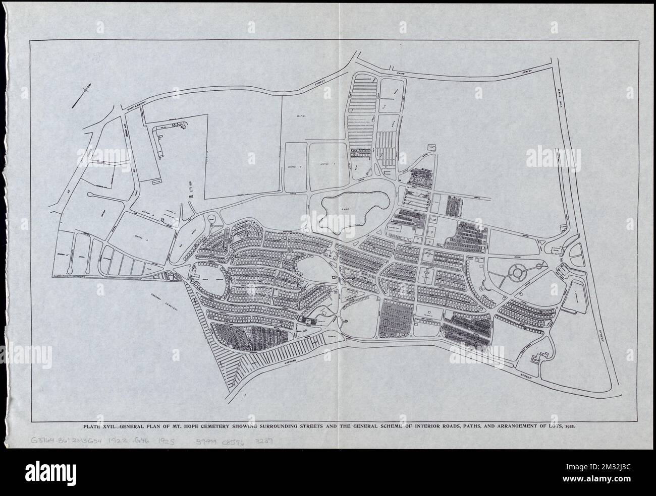 General plan of Mt. Hope cemetery showing surrounding streets and the general scheme of interior ...