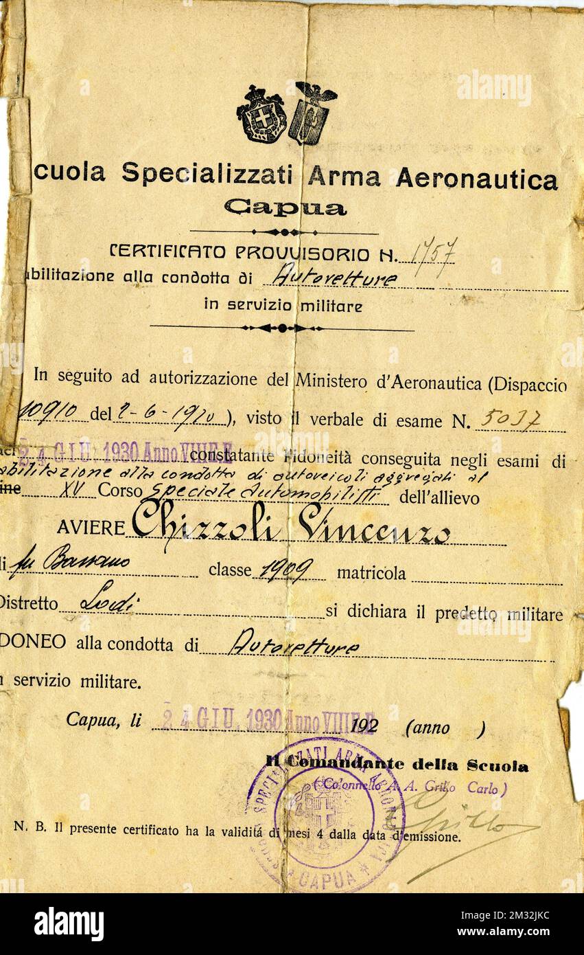Regia Aeronautica - Documentazione Certificato conduzione di ...