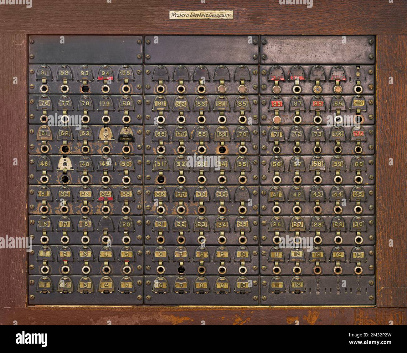 Close up of old vintage Western Electric Company telephone switchboard ...