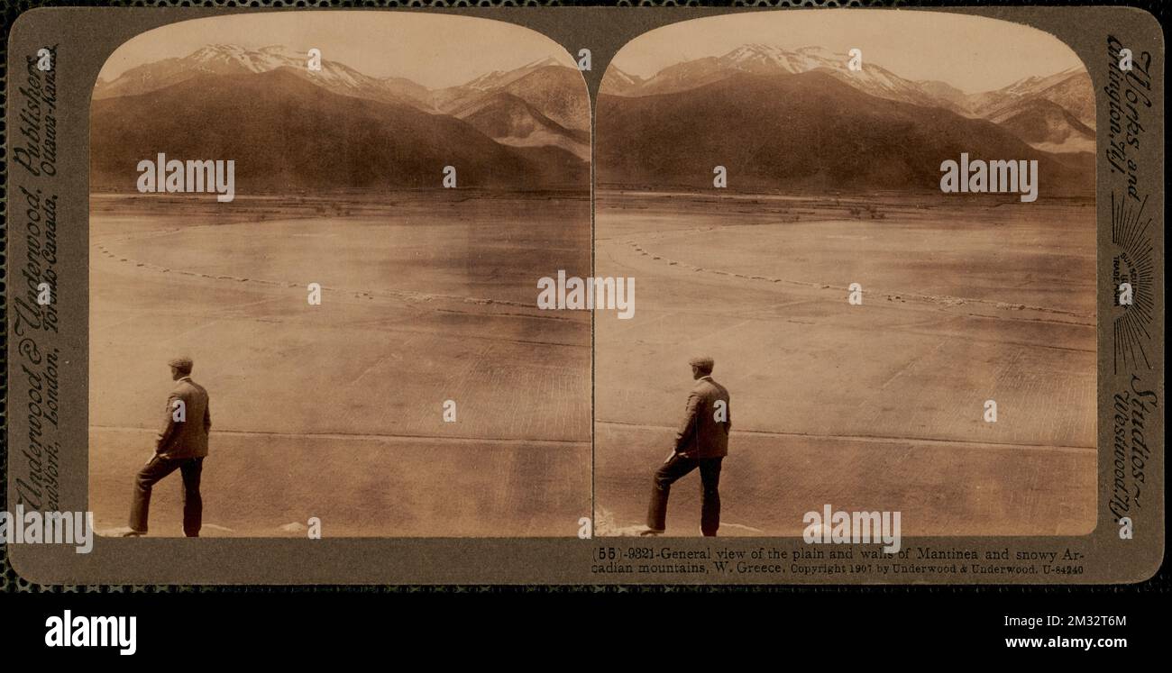 General view of the plain and walls of Mantinea and snowy Arcadian ...