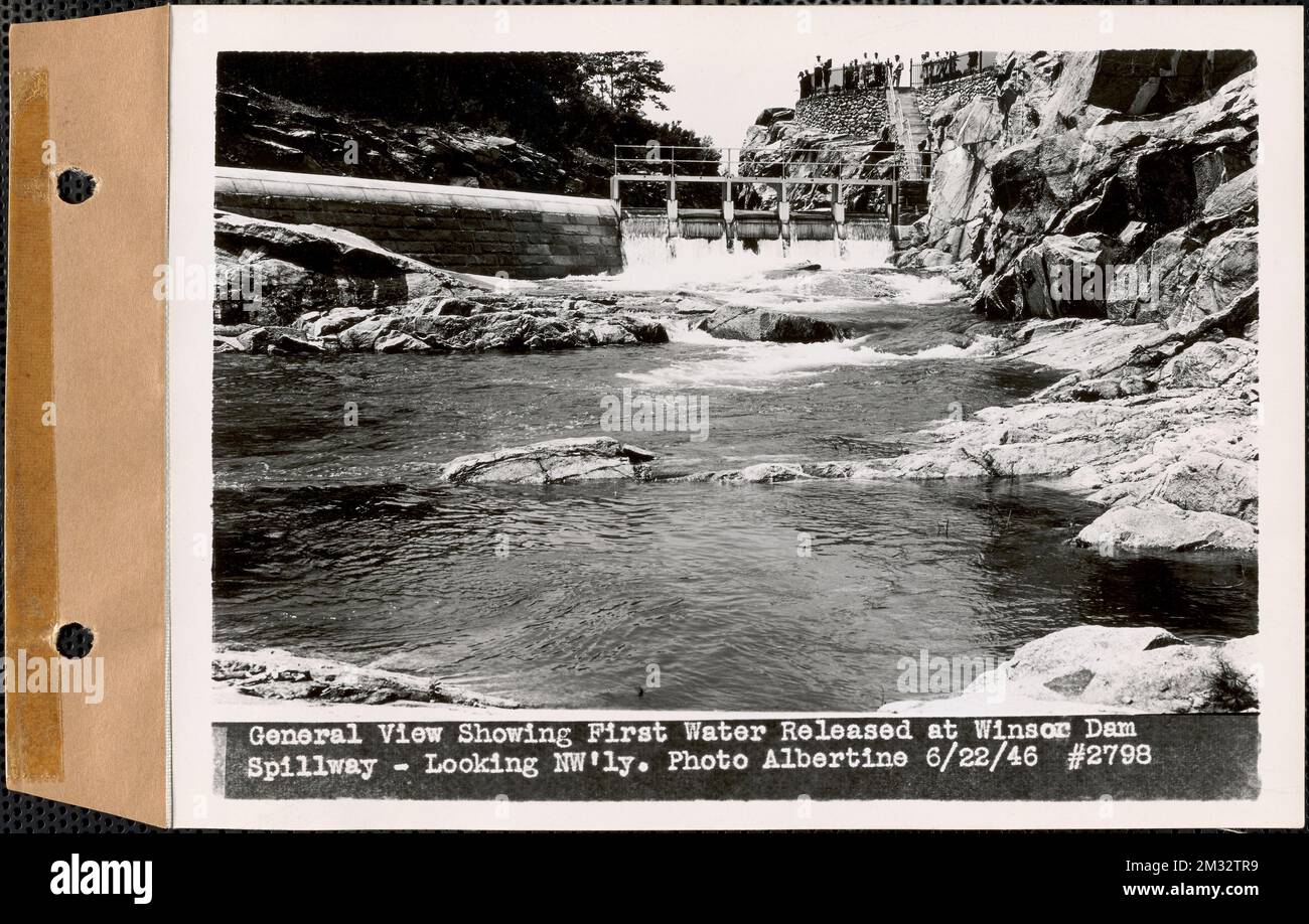General view showing first water released at Winsor Dam Spillway ...