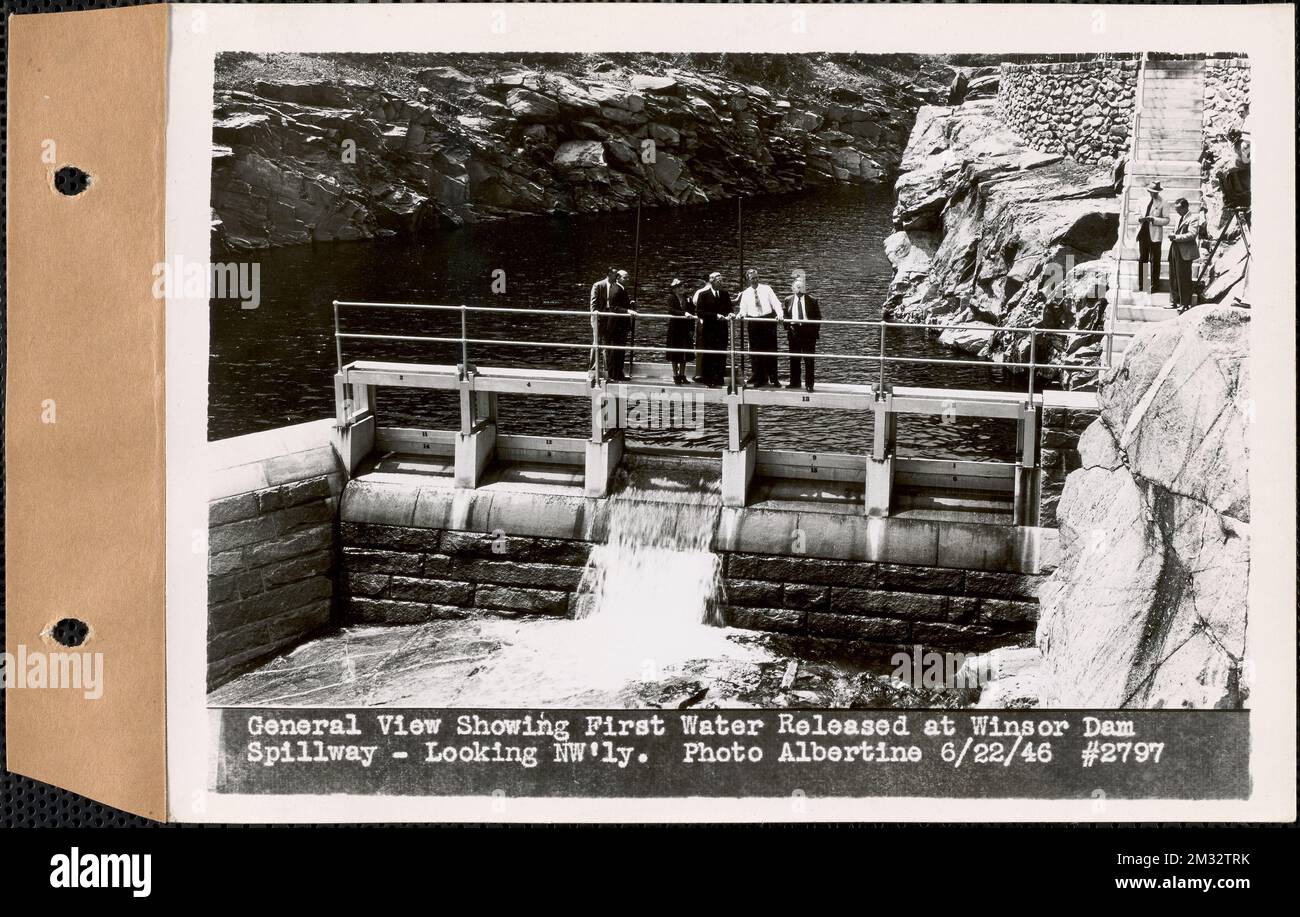 General view showing first water released at Winsor Dam Spillway ...