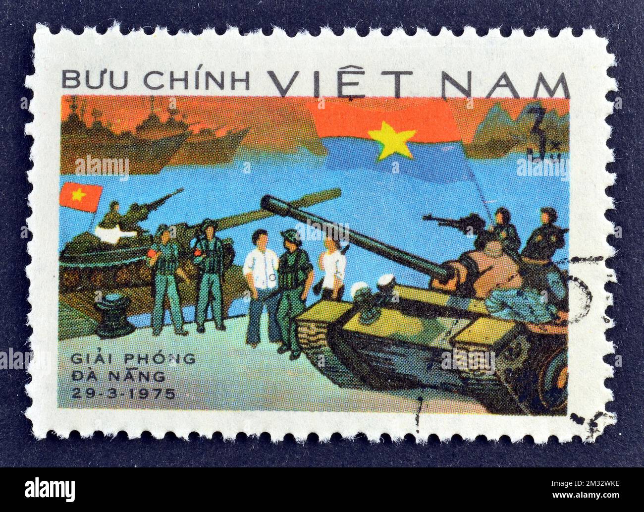 Cancelled postage stamp printed by Vietnam, that shows Liberation Of Da ...