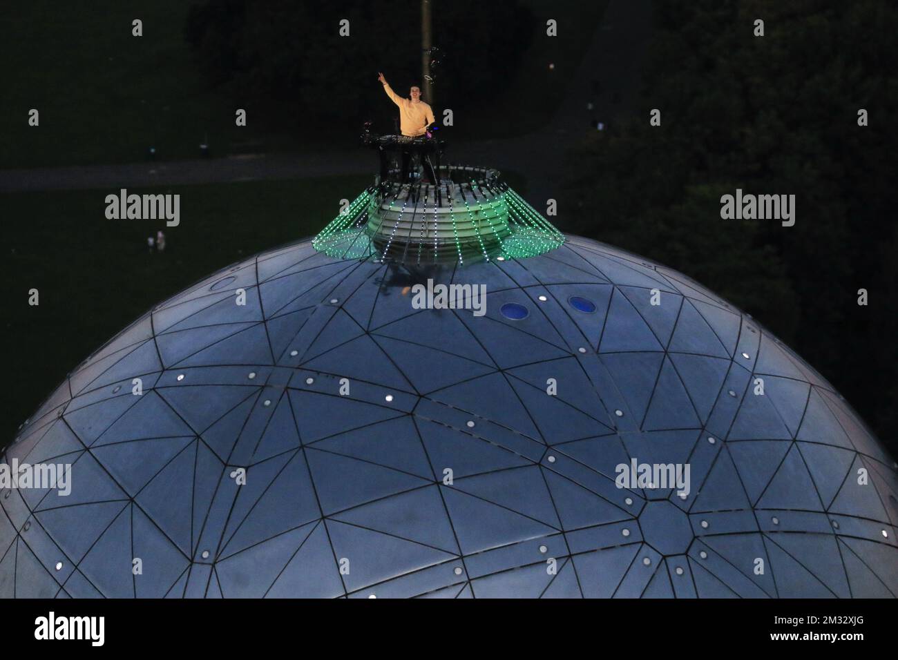 Aerial view shows Belgian DJ and musician Henri PFR performing on top ...