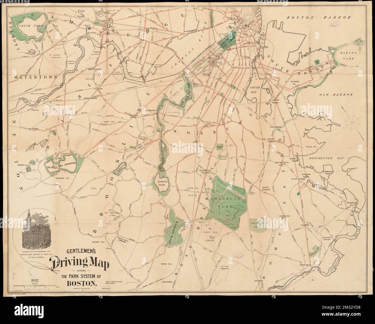 Gentlemen's driving map showing the park system of Boston , Roads ...