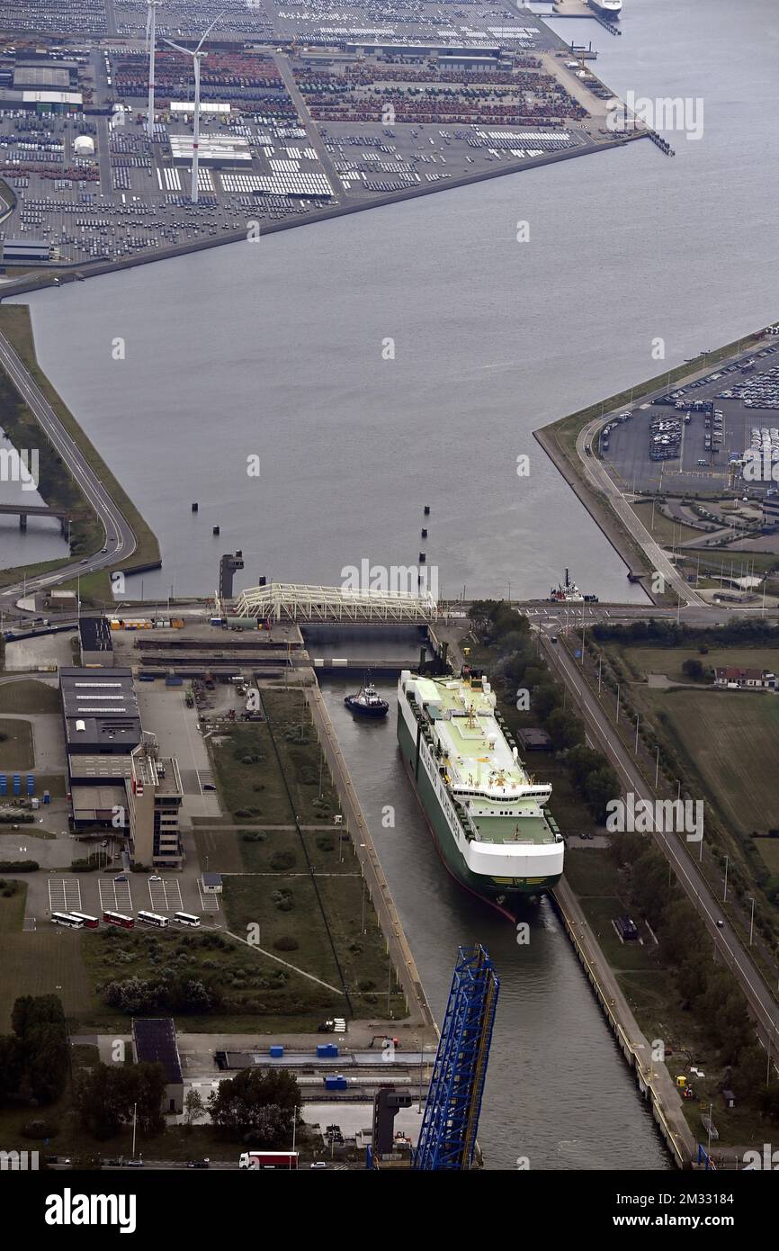 an aerial view on the harbor of Zeebrugge taken from a helicopter ...
