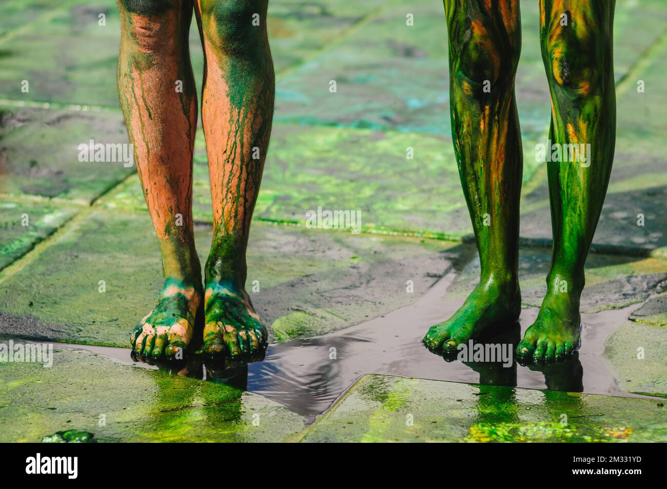 Legs of two people in a green paint during the festival of Holi Stock ...