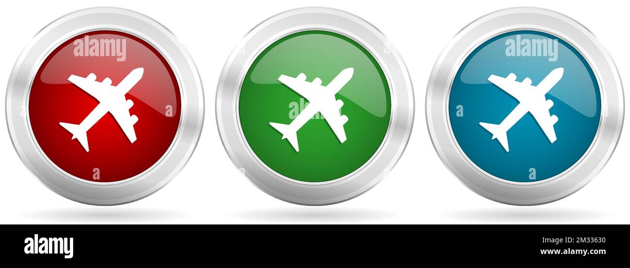 Flight, plane, aircraf vector icon set. Red, blue and green silver ...