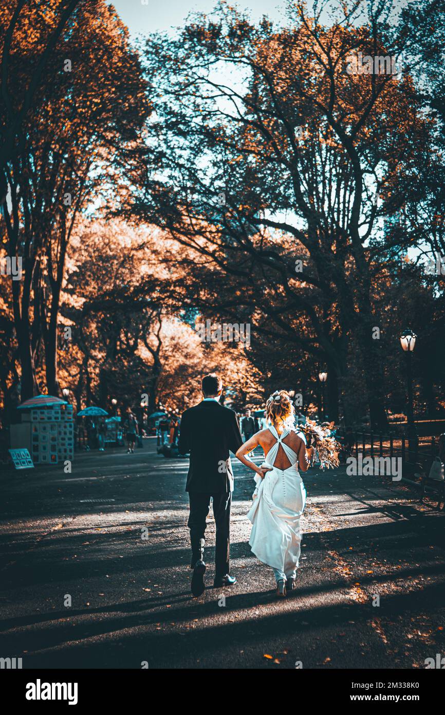 A rear view of a bride and groom on wedding day walking in the Central ...