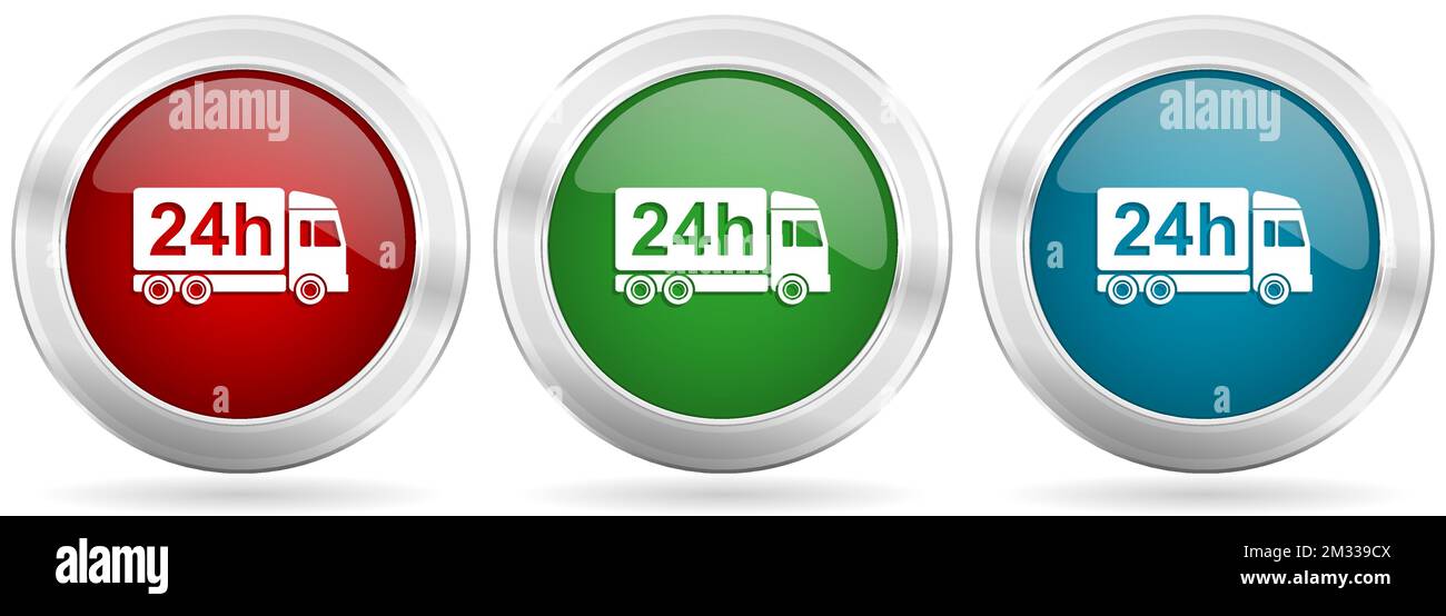 Delivery vector icon set. Red, blue and green silver metallic web ...