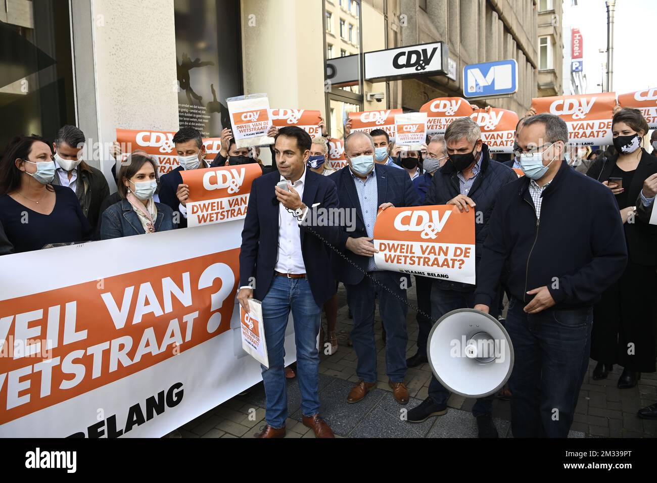 Vlaams Belang chairman Tom Van Grieken pictured at a protest action of ...