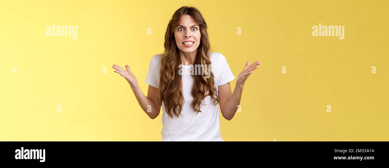 Intense pressured scary woman arguing pissed shaking hands dismay ...
