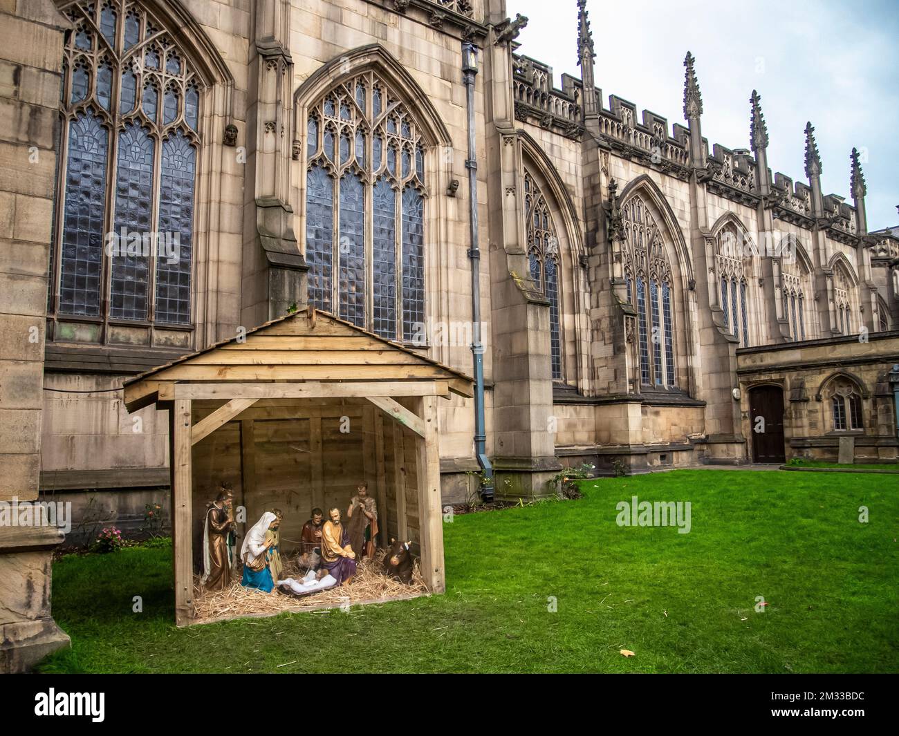 Nativity scenes outside Manchester Cathedral Stock Photo - Alamy