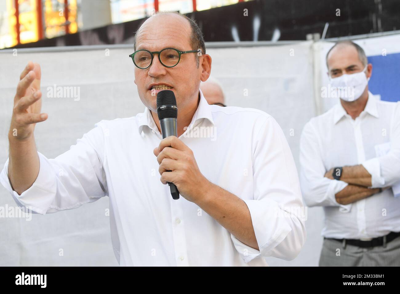 Brussels City mayor Philippe Close delivers a speech at the laying of ...