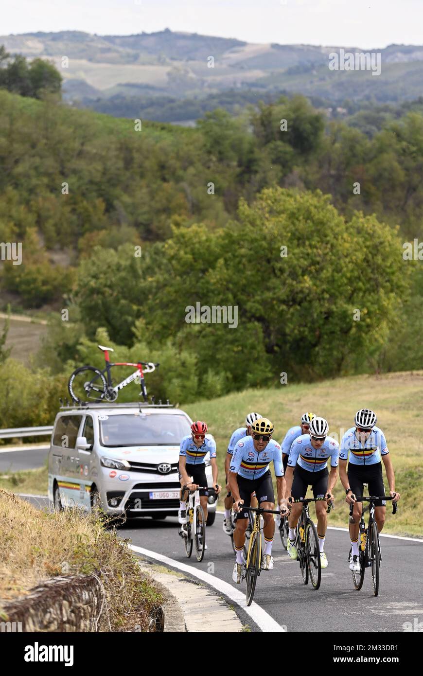 Belgian cyclists pictured during a track reconnaissance at the UCI Road ...