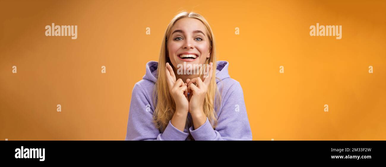 Lucky optimistic cute positive smiling blond girl grinning excited ...