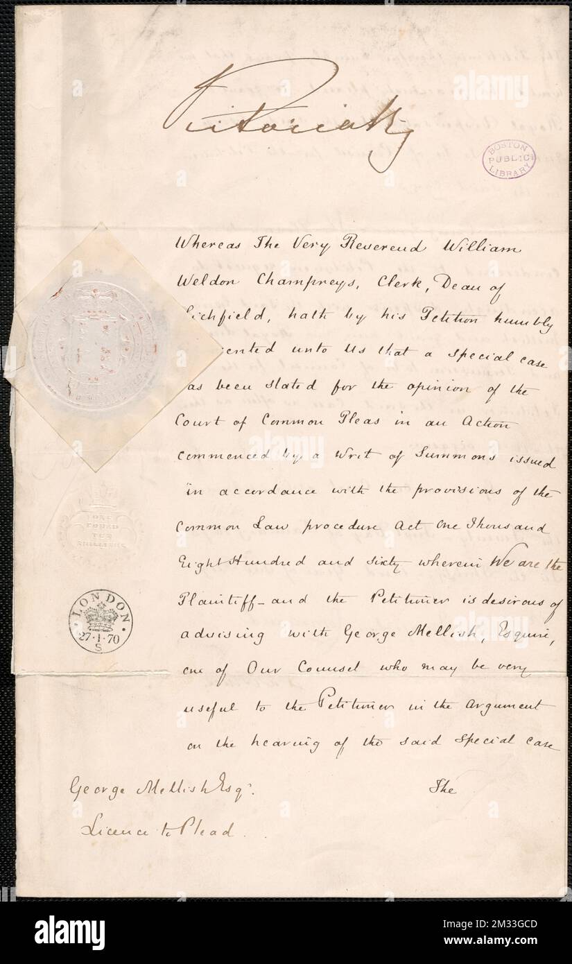 George Melish license to plead, granted and stamped with Queen Victoria ...