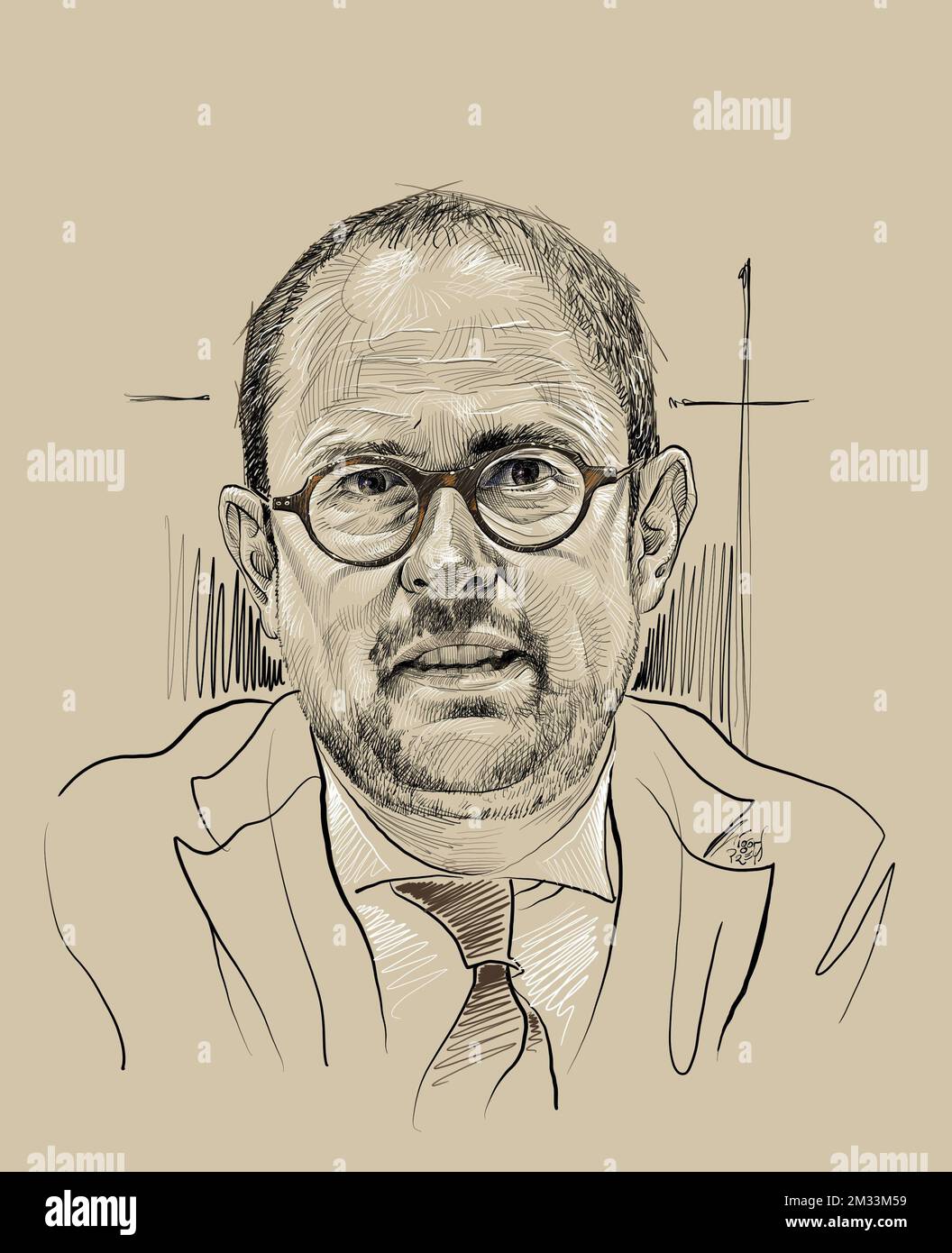 This drawing by Igor Preys shows Justice Minister Vincent Van ...