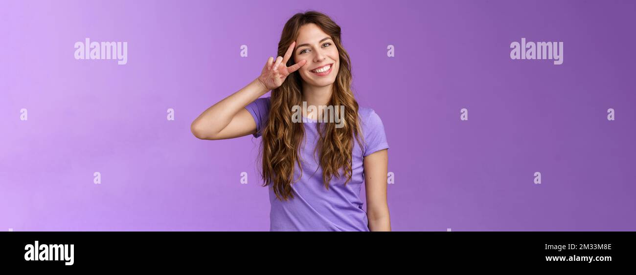 Tender friendly outgoing attractive female tilt head lovely cute gaze ...