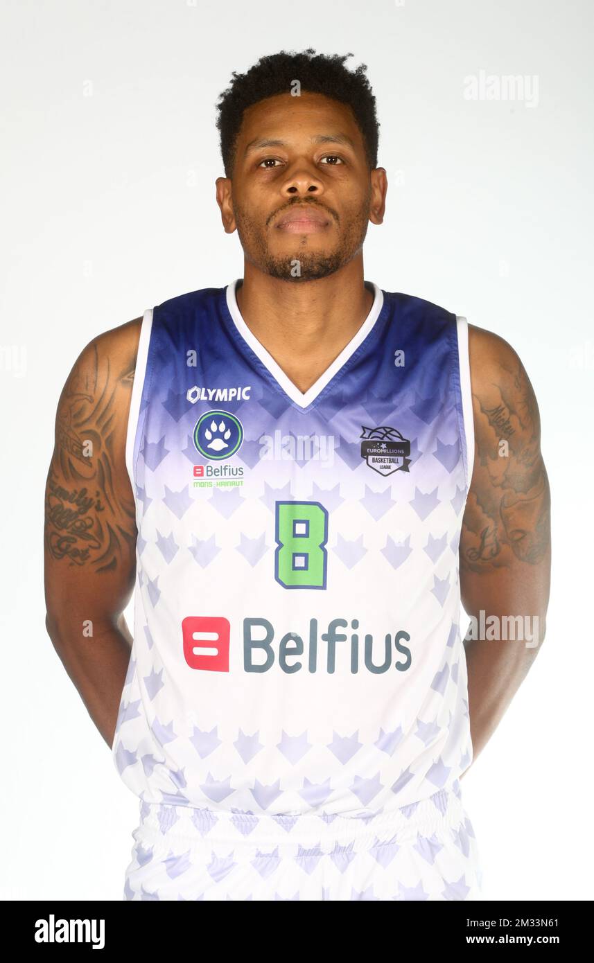 Mons' Justin Cage poses at a photoshoot of Belgian Basketball team Mons ...