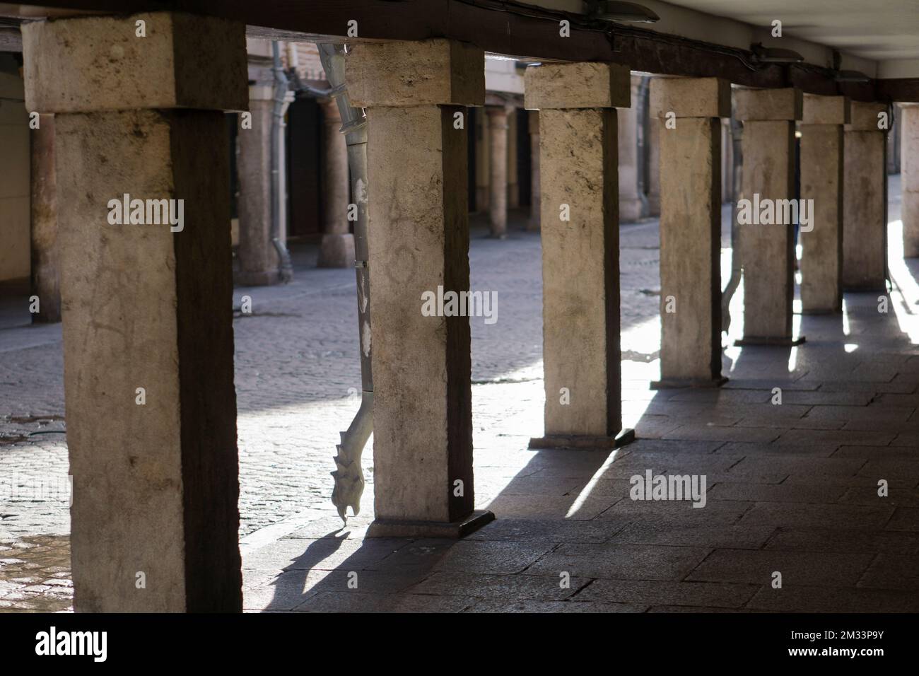 Main street columns with dragon head gutter end in sunny day Stock ...
